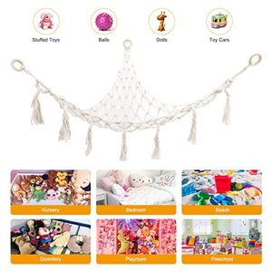 Stuffed Animal Hammock, 55inch Hand-Woven Toy Hammock Boho Tassel Macrame with Star Light String Corner Hanging Organizer Storage Plush Toys Net Holder for Nursery Play Room Kids Bedroom Decoration