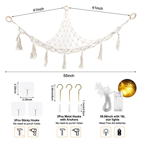 Stuffed Animal Hammock, 55inch Hand-Woven Toy Hammock Boho Tassel Macrame with Star Light String Corner Hanging Organizer Storage Plush Toys Net Holder for Nursery Play Room Kids Bedroom Decoration