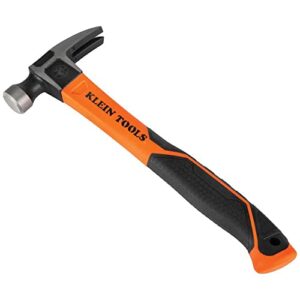 klein tools h80816 straight-claw 16-ounce hammer with smooth head, fiberglass non-slip shock absorbing grip handle with tether hole, 13-inch