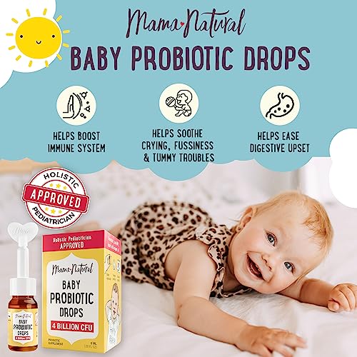 Mama Natural Baby Probiotic Drops (0.28 Fl Oz) | 4 Billion CFU Pediatrician-Tested Infant Probiotic Helps with Colic Relief for Newborns & Constipation Ease for Infants - Unflavored Baby Gas Drops