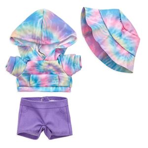 disney nuimos outfit – tie-dye hoodie, purple shorts and bucket hat