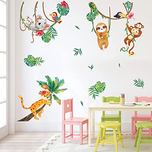 decalmile Jungle Animals Wall Decals Monkey Koala Leopard Wall Stickers Baby Nursery Kids Room Living Room Wall Decor