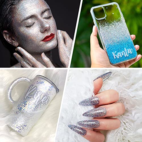 5.3oz/150g Ultra Fine Laser Glitter Powder, Holographic Glitter for Slime Epoxy Resin Craft Tumbler Jewelry Nail Art Festival Makeup Scrapbook Painting Wedding Cards (Laser Silver)