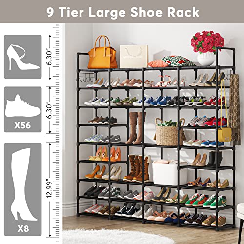 Tribesigns Large Shoe Rack Organizer Closet for Entryway Bedroom Hallway, 9 Tier 72 Pair Heavy Duty Shoes Shelf Storage with Side Metal Hook, Black