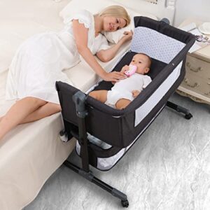 mmbaby baby bassinet bedside sleeper bedside crib easy folding portable crib 3 in 1 travel baby bed with adjustable height,breathable net,large storage bag and mattress