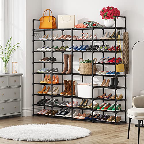 Tribesigns Large Shoe Rack Organizer Closet for Entryway Bedroom Hallway, 9 Tier 72 Pair Heavy Duty Shoes Shelf Storage with Side Metal Hook, Black