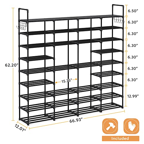 Tribesigns Large Shoe Rack Organizer Closet for Entryway Bedroom Hallway, 9 Tier 72 Pair Heavy Duty Shoes Shelf Storage with Side Metal Hook, Black