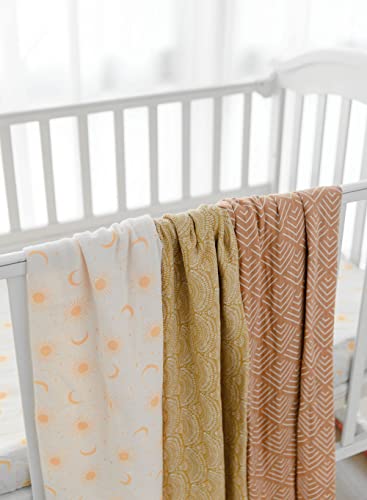 Little Jump 3 Pack Muslin Swaddle Blankets -Boho Baby Blanket Neutral for Boys & Girls- Large 47 x 47 inches,Swaddle Blankets Muslin Receiving Blanket Wrap (3 Pack Sunshine & Moon)