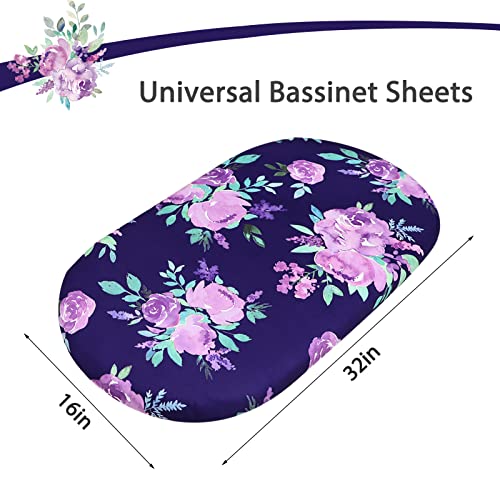 Bassinet Sheet, Newborn Moses Basket Girls, Ultra Soft Breathable, Snug Fitted Cradle Fitted Sheets for Bassinet Pads Mattress, Watercolor Purlple Flower