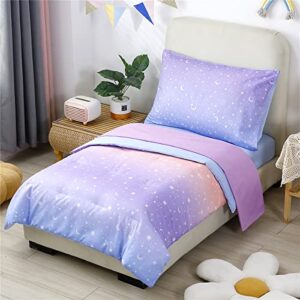 URBONUR 4 Piece Toddler Bedding Set for Girls Glitter Purple Orange Toddler Bedding Set Gradient Stars Print Girls Bedding Toddler Comforter Set