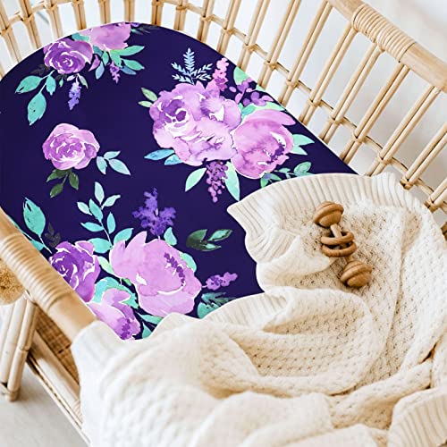 Bassinet Sheet, Newborn Moses Basket Girls, Ultra Soft Breathable, Snug Fitted Cradle Fitted Sheets for Bassinet Pads Mattress, Watercolor Purlple Flower