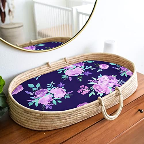 Bassinet Sheet, Newborn Moses Basket Girls, Ultra Soft Breathable, Snug Fitted Cradle Fitted Sheets for Bassinet Pads Mattress, Watercolor Purlple Flower