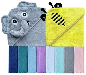 sunny zzzzz baby hooded bath towel and washcloth sets, baby essentials for newborn boy girl, baby shower towel gifts for infant and toddler - 2 towel and 8 washcloths - yellow bee and grey elephant