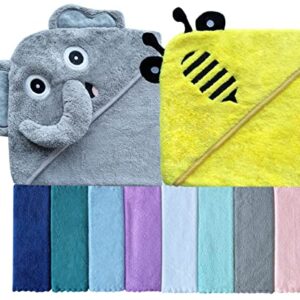 Sunny zzzZZ Baby Hooded Bath Towel and Washcloth Sets, Baby Essentials for Newborn Boy Girl, Baby Shower Towel Gifts for Infant and Toddler - 2 Towel and 8 Washcloths - Yellow Bee and Grey Elephant