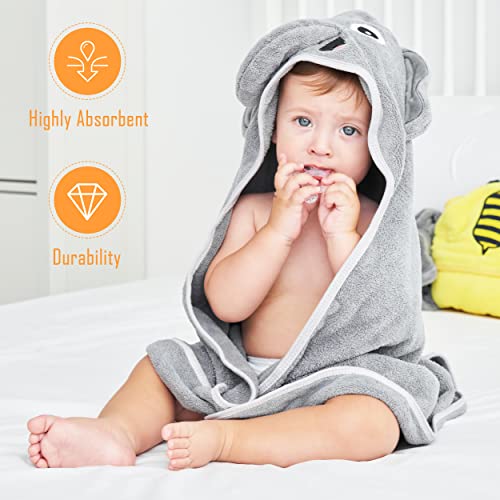 Sunny zzzZZ Baby Hooded Bath Towel and Washcloth Sets, Baby Essentials for Newborn Boy Girl, Baby Shower Towel Gifts for Infant and Toddler - 2 Towel and 8 Washcloths - Yellow Bee and Grey Elephant