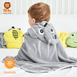 Sunny zzzZZ Baby Hooded Bath Towel and Washcloth Sets, Baby Essentials for Newborn Boy Girl, Baby Shower Towel Gifts for Infant and Toddler - 2 Towel and 8 Washcloths - Yellow Bee and Grey Elephant