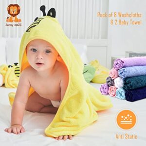 Sunny zzzZZ Baby Hooded Bath Towel and Washcloth Sets, Baby Essentials for Newborn Boy Girl, Baby Shower Towel Gifts for Infant and Toddler - 2 Towel and 8 Washcloths - Yellow Bee and Grey Elephant