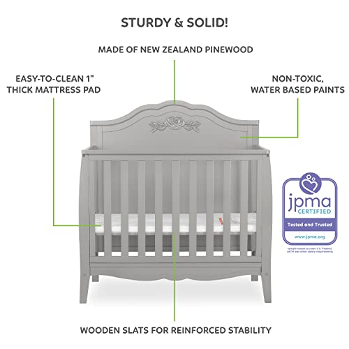 SweetPea Baby Rose 4-in-1 Convertible Mini Crib in Platinum, JPMA Certified Baby Crib, Non-Toxic Finish, New Zealand Pinewood, with 3 Mattress Height Settings