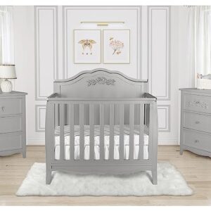 SweetPea Baby Rose 4-in-1 Convertible Mini Crib in Platinum, JPMA Certified Baby Crib, Non-Toxic Finish, New Zealand Pinewood, with 3 Mattress Height Settings