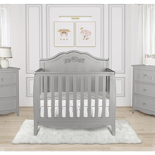 SweetPea Baby Rose 4-in-1 Convertible Mini Crib in Platinum, JPMA Certified Baby Crib, Non-Toxic Finish, New Zealand Pinewood, with 3 Mattress Height Settings