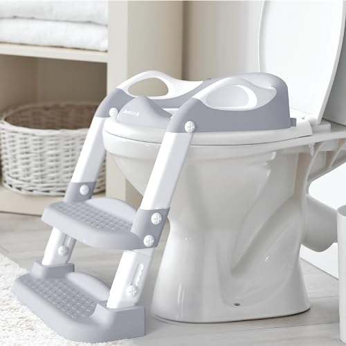 Potty Training Ladder - Soft Cushioned Seat, Adjustable Height, Collapsible, Non-Slip with Splash Guard - Ready Step Go! - Jool Baby (Gray)