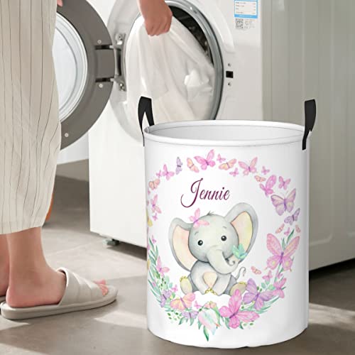 Puurbol Custom Cute Baby Elephant Laundry Hamper with Name Personalized Gifts Butterfly Laundry Baskets For Bathroom