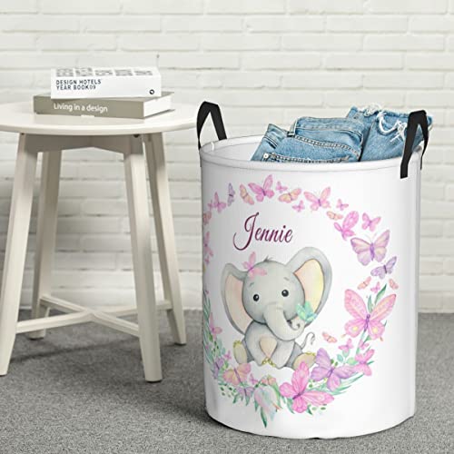 Puurbol Custom Cute Baby Elephant Laundry Hamper with Name Personalized Gifts Butterfly Laundry Baskets For Bathroom