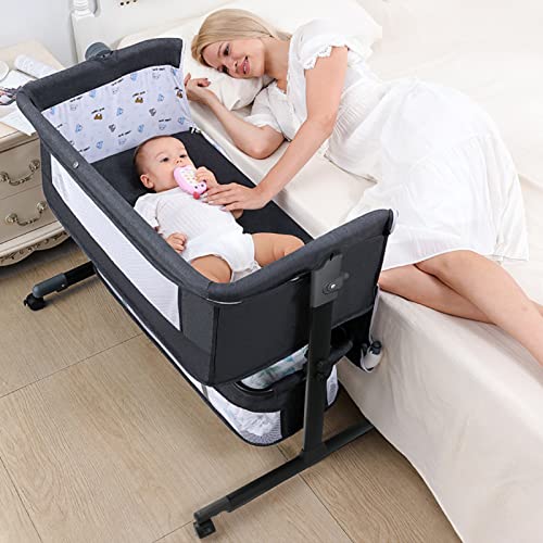 Baby Bassinet Bedside Sleeper Bedside Baby Crib - Portable Baby Bed with Wheels,Newborn Bedside Bassinet with Storage Basket,Co-Sleeping Crib with Mattress for Infant,Breathable Mesh,Easy Assemble