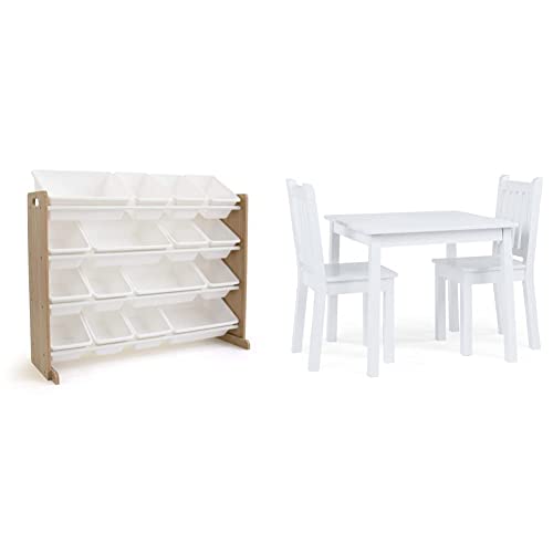 Humble Crew Extra-Large Toy Organizer, 16 Storage Bins, Universal, Natural/White & Humble Crew, White Kids Wood Square Table and 2 Chairs Set