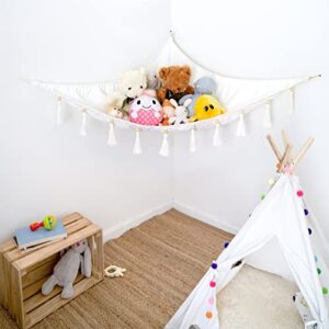 Mkono Stuffed Animal Hammock Macrame Hanging Toy Storage Organizer with Tassels Boho Large Corner Toy Net Hammock for Stuffed Animals Plush Toys Display Holder for Nursery Kid Room Playroom Bedroom