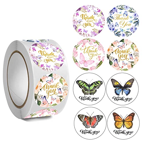 POILKMNI 500PCS Butterfly Stickers Floral Butterfly Thank You Stickers Round Labels Butterfly Decor for Girls Baby Shower Wedding Bridal Shower Birthday Party Favors (1.5 Inch)