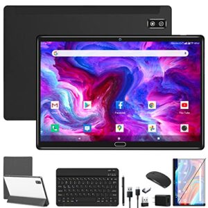 2023 newest android 11.0 tablet, 2 in 1 tablet 10.1 inch, 4g cellular tablet with keyboard, 64gb rom + 4gb ram, octa-core processor, 2 sim slot, 13mp camera, gps/ wifi/ bluetooth/ mouse/ stylus(black)