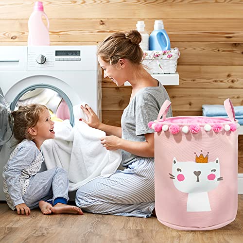 Cute Babys Laundry Basket - Kids Laundry Hamper for Girls, (Cat) Collapsible Thicken Durable Toys Organizer Storage Round Baskets and Nursery Bedroom Decor (Pink）