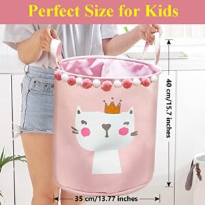 Cute Babys Laundry Basket - Kids Laundry Hamper for Girls, (Cat) Collapsible Thicken Durable Toys Organizer Storage Round Baskets and Nursery Bedroom Decor (Pink）