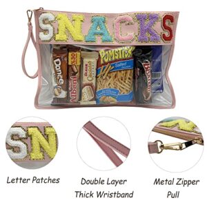 TopTTanBo Chenille Letter Clear Bag Purse Multi-purpose Transparent Waterproof Snacks Makeup Tote Bag with Wrist Strap (SNACKS)