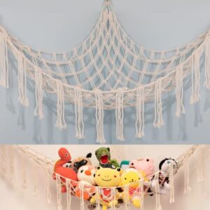 boho stuffed animals net or hammock large,55 inch toy hammock macrame stuff animal storage corner hanging net holder,mesh hammock plush toy organizer with tassel & hooks for bedroom,nursery (white)