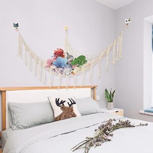 Boho Stuffed Animals Net or Hammock Large,55 inch Toy Hammock Macrame Stuff Animal Storage Corner Hanging Net Holder,Mesh Hammock Plush Toy Organizer with Tassel & Hooks for Bedroom,Nursery (White)