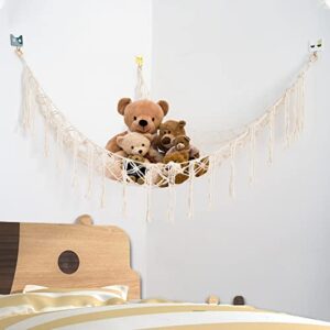 Boho Stuffed Animals Net or Hammock Large,55 inch Toy Hammock Macrame Stuff Animal Storage Corner Hanging Net Holder,Mesh Hammock Plush Toy Organizer with Tassel & Hooks for Bedroom,Nursery (White)