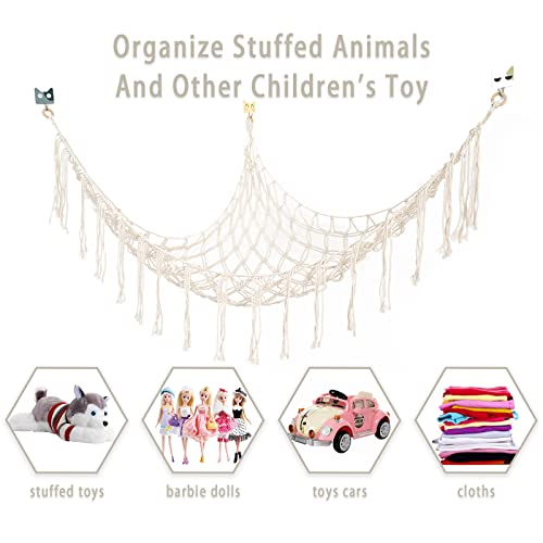 Boho Stuffed Animals Net or Hammock Large,55 inch Toy Hammock Macrame Stuff Animal Storage Corner Hanging Net Holder,Mesh Hammock Plush Toy Organizer with Tassel & Hooks for Bedroom,Nursery (White)