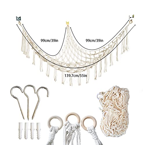 Boho Stuffed Animals Net or Hammock Large,55 inch Toy Hammock Macrame Stuff Animal Storage Corner Hanging Net Holder,Mesh Hammock Plush Toy Organizer with Tassel & Hooks for Bedroom,Nursery (White)