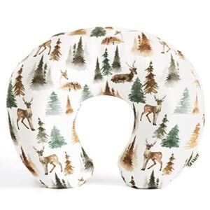 grssder nursing pillow cover stretchy minky removable nursing covers for breastfeeding pillows, ultra soft comfortable slipcover for baby boy and girls, stylish watercolor forest deer and leaves