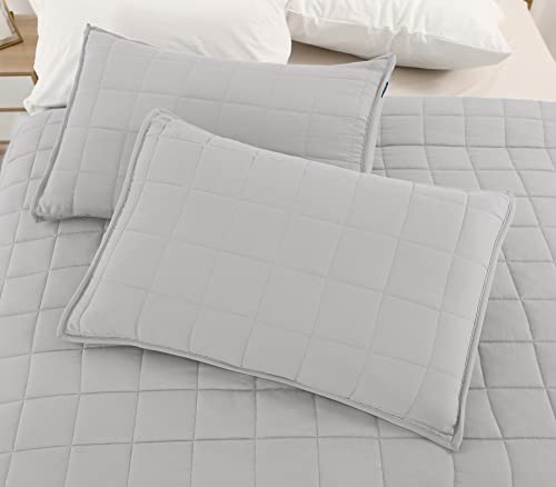 EMME Light Grey Quilt Set Twin Size 2 Pieces (66x90 inches), Pre-Washed Microfiber Bedspread for All Season, Lightweight and Reversible Coverlet (Squares Pattern, Light Grey)