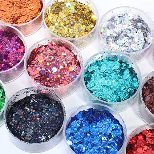 Holographic Chunky Glitter, Set of 12, Licool Craft Glitter for Resin Art Crafts, Cosmetic Glitter for Nail Body Face Eye, Epoxy Resin Glitter Sequin Flake Sparkle for Slime Tumbler Jewelry Making