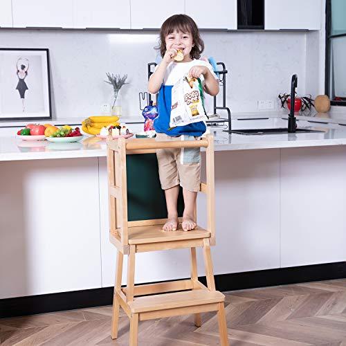 HOUCHICS Toddler Wooden Step Stool, Solid Birch Wooden Children Standing Tower, Helper of Kitchen Tower for Kitchen, Bathroom