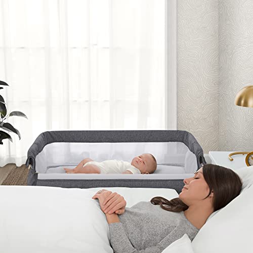 Delta Children Simmons Kids Dream Bedside Bassinet with Zip-Down Side Wall – Convenient Baby Sleeper with Breathable Mesh and Adjustable Heights - Lightweight Portable Crib, Grey