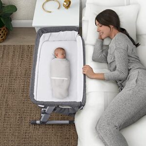 Delta Children Simmons Kids Dream Bedside Bassinet with Zip-Down Side Wall – Convenient Baby Sleeper with Breathable Mesh and Adjustable Heights - Lightweight Portable Crib, Grey