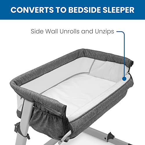 Delta Children Simmons Kids Dream Bedside Bassinet with Zip-Down Side Wall – Convenient Baby Sleeper with Breathable Mesh and Adjustable Heights - Lightweight Portable Crib, Grey