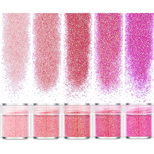 35 Grams Fine Glitter, 5 Colors Pink Extra Fine Glitter, Holographic Ultra Fine Glitter for Makeup Body Nail Face Hair Eyeshadow Lip Gloss, Arts Crafts Slime Resin Glitter Sequins Set