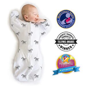 Amazing Baby Transitional Swaddle Sack with Arms Up Half-Length Sleeves and Mitten Cuffs, Little Zebra, Medium, 3-6 mo, 14-21 lbs (Better Sleep for Baby Boys, Baby Girls, Easy Swaddle Transition)