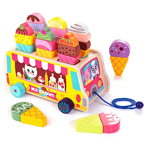 HELLOWOOD Wooden Ice Cream Truck, 28 pcs Magnetic Ice Cream Sweet Treats Pretend Play Food & Accessories, Montessori Sorting & Stacking Toys for Toddler Girls & Boys Age 2-5